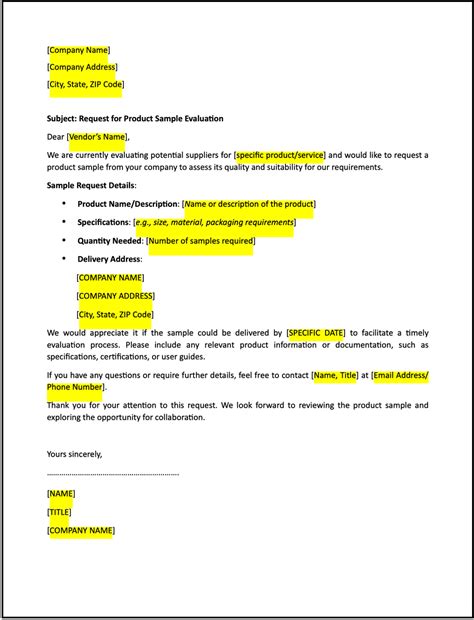 Letter Of Request For Product Sample Evaluation Free Template