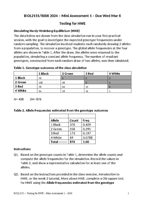 Hwe Mini Assessment 1 Biol21516006 2024 Mini Assessment 1 Due