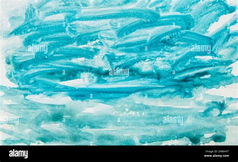 Horizontal Watercolor Blue Brushstrokes Abstract Sea Background Or Sky