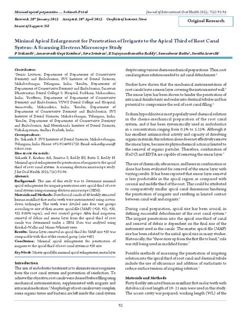Minimal Apical Enlargement For Penetration Of Irrigants To The Apical Third Of Root Canal System