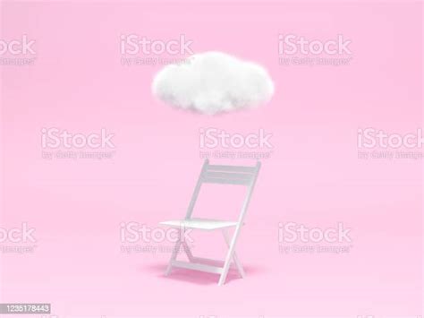 파스텔 핑크 배경 3d 렌더링에 구름 아래 뛰어난 흰색 의자 3d 삽화 장마 시즌 최소한의 개념 암체어에 대한 스톡 사진 및