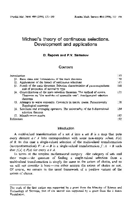 Pdf Michaels Theory Of Continuous Selections Development And