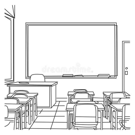 Continuous One Line Drawing Interior Design At School Classroom With