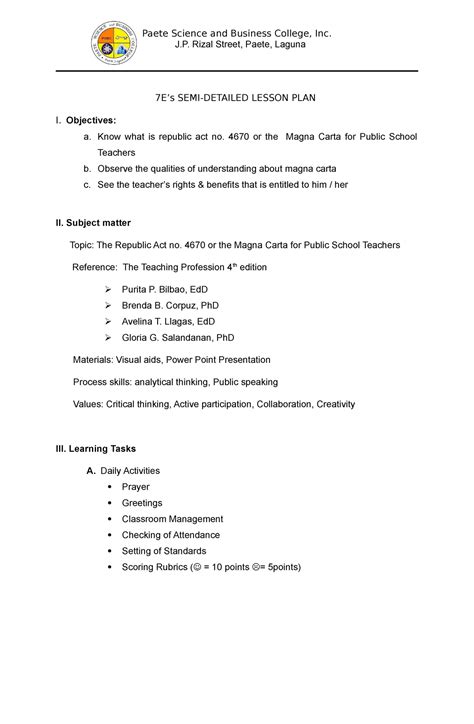 4670 Lesson Plan J Rizal Street Paete Laguna 7es Semi Detailed