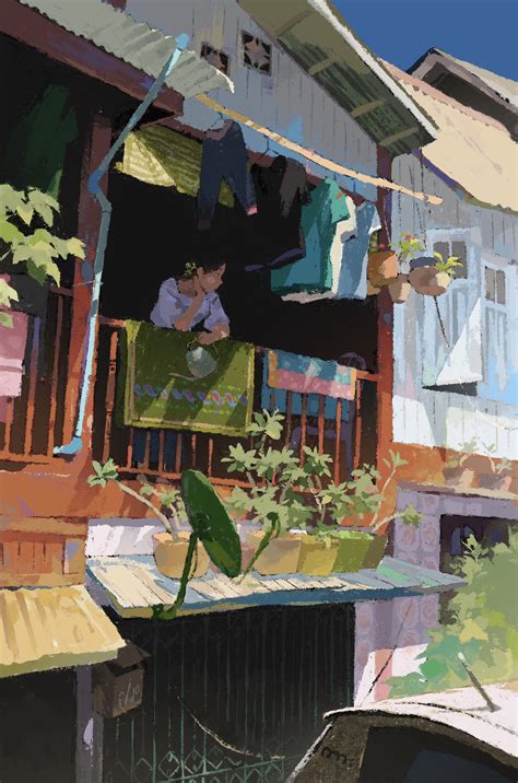 Rakoshirako Original Commentary Highres Translated 1girl Balcony Black Hair Blue Sky