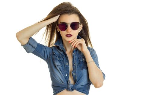 Premium Photo Hot Lady In Jeans Jacket Without Bra In Sunglasses