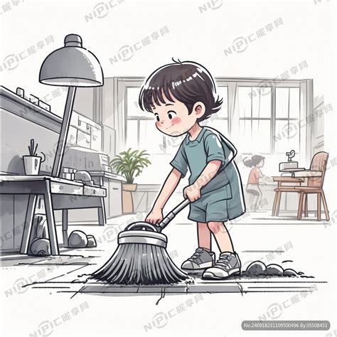 Ai创作图卡通手绘一个小朋友在扫地 昵图网