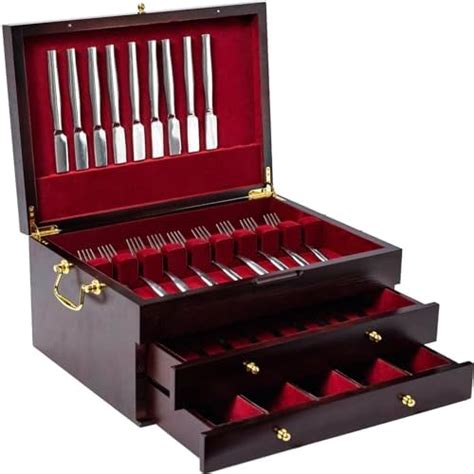 Genrice Wooden Silverware Chest Without Silverware Three Layer Silverware Box Storage For