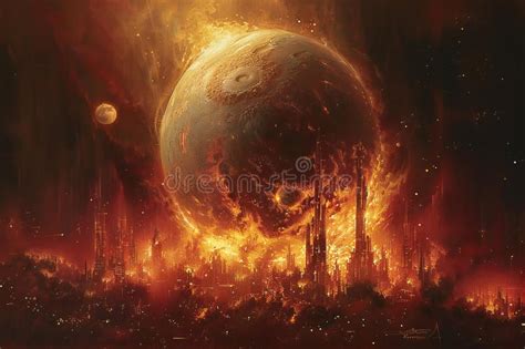 A Planet Engulfed In Flames With The Sun And Moon Visible In Space Behind It The Scene