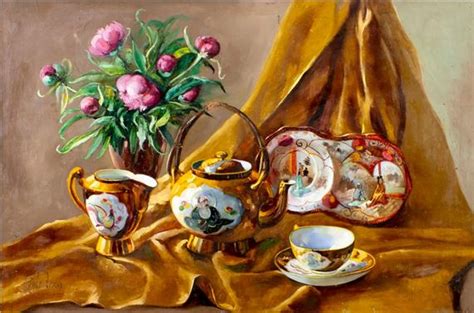 Zsuzsanna Suger Still Life With Vase Of Peonies And Tea Set Mutualart