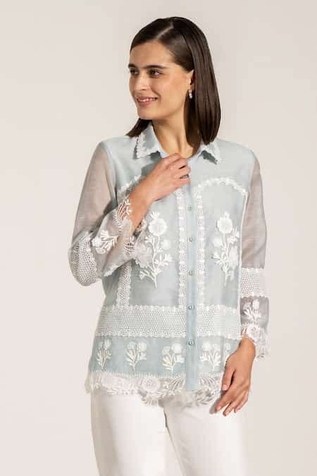 Buy Blue Linen Viscose Embroidery Collared Floral Shirt For Women By