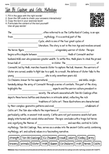 Worksheet With The Topic Táin Bó Cúailnge And Celtic Mythology