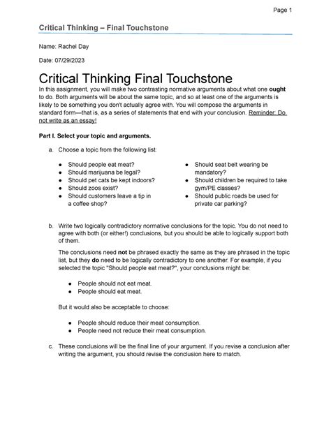 Critical Thinking Touchstone 4 Template Name Rachel Day Date 0729
