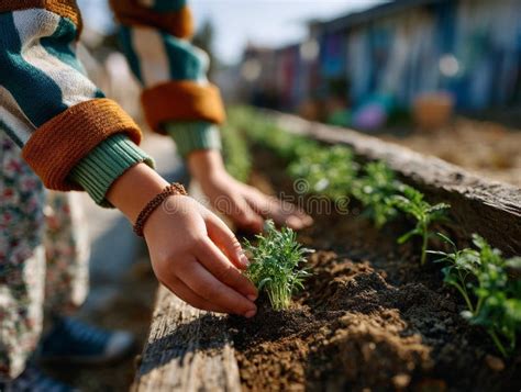 Young Boy Gardening By Planting Small Seedlings In An Urban Outdoor