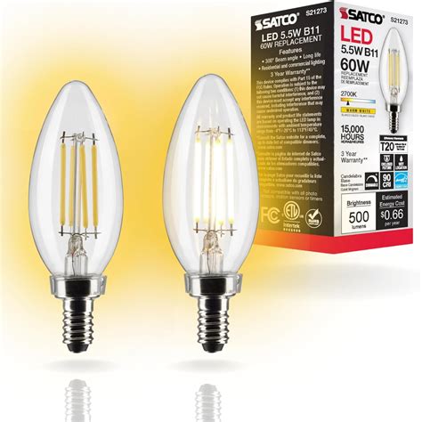 Satco Lighting S21273 5 5 Watt B11 Led Clear Dimmable Light Bulbs Candelabra Base
