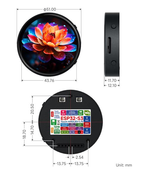 Esp32 S3 1 75inch Amoled Round Touch Display Development Board 32 Bit Lx7 Dual Core Processor