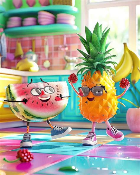 Watermelon And Pineapple Dancing With Sneakers In Kitchen Stock Image