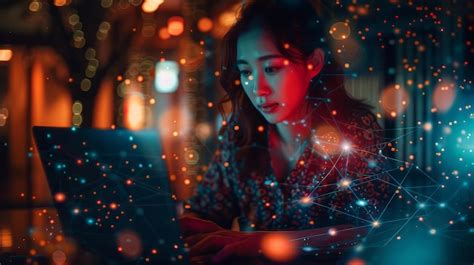A Woman Working On Her Laptop Digital Network Visualization Premium Ai Generated Image