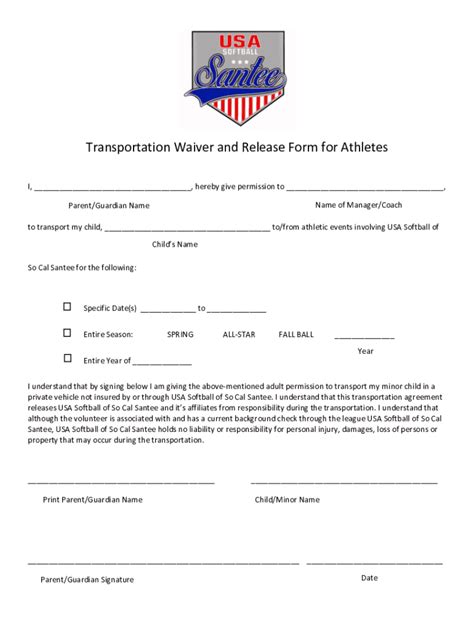 Fillable Online Transportation Waiver And Release Form For Athletes Ngin Fax Email Print