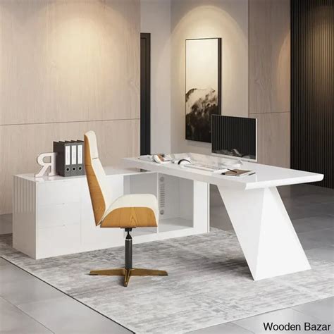 709 Modern White L Shape Executive Desk Drawers And Cabinet Large