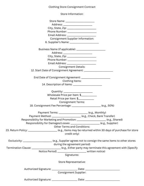 Clothing Store Consignment Contract Form Template Instant Download