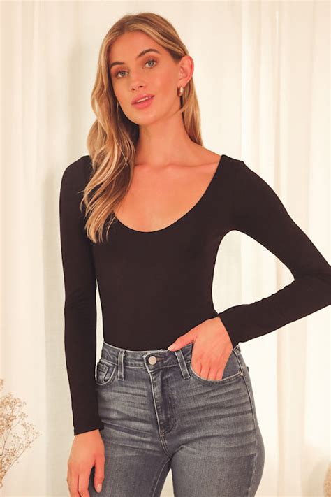 Scoop Neck Bodysuit Long Sleeve Bodysuit Black Basic Bodysuit Lulus