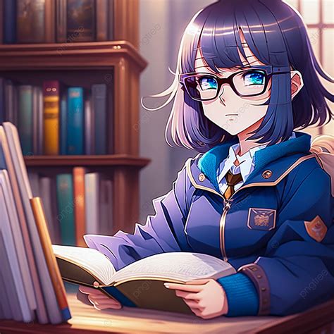 Anime Kawaii Berkacamata Sedang Membaca Buku Di Perpustakaan Anime