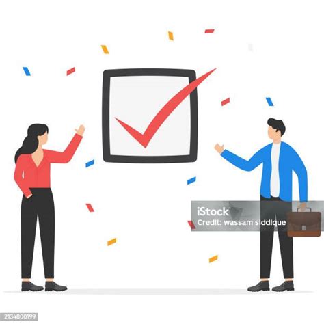 행복한 사업가들은 책임 있는 프로젝트를 마친 후 완료된 체크 표시를 축하합니다 완료 작업 성취 또는 프로젝트 완료 체크리스트 성공 또는 성취 확인란 개발에 대한 스톡 벡터
