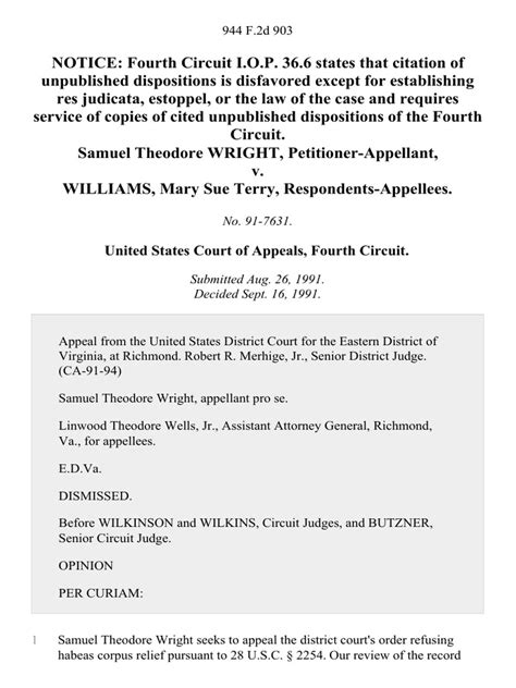 Samuel Theodore Wright V Williams Mary Sue Terry 944 F2d 903 4th