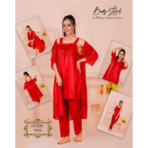 Elegant Silk And Lace Breathable 3 Piece Long Gown Nightwear Set Women