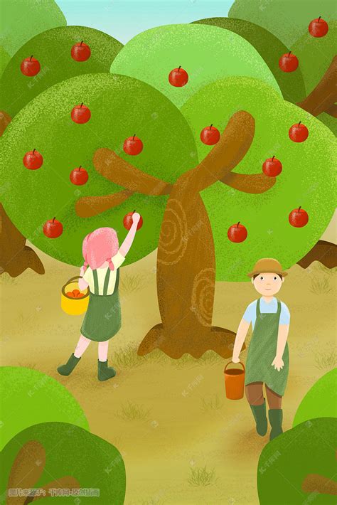 农村生活果园摘果子插画图片 千库网
