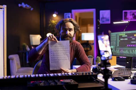 Talented Artist Explaining Sheet With Musical Notes On Smartphone Vlog