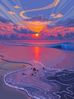 Pixel Art Landscape Of A Sunset Island