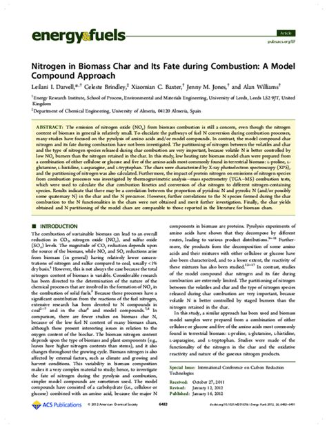 Pdf Nitrogen In Biomass Char And Its Fate During Combustion A Model