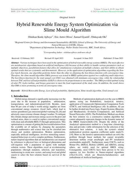 Pdf Hybrid Renewable Energy System Optimization Via Slime Mould Algorithm