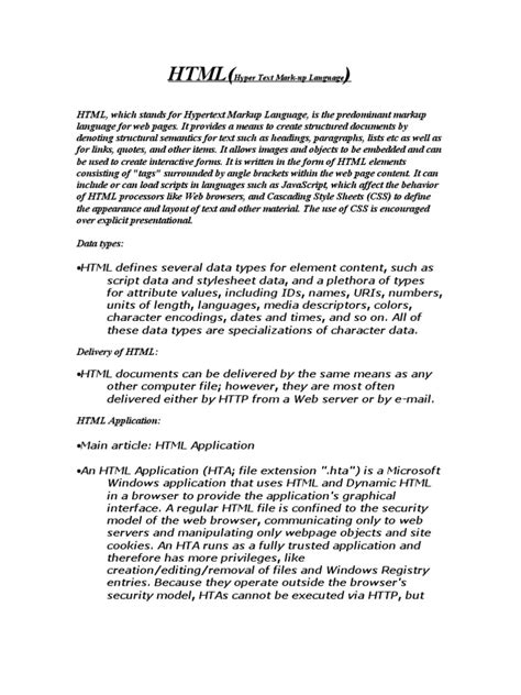 Html Hyper Text Mark Up Language Pdf Html Html Element