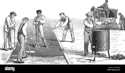 Old Engraved Illustration Of Road Workers Doing Asphalt Industrial