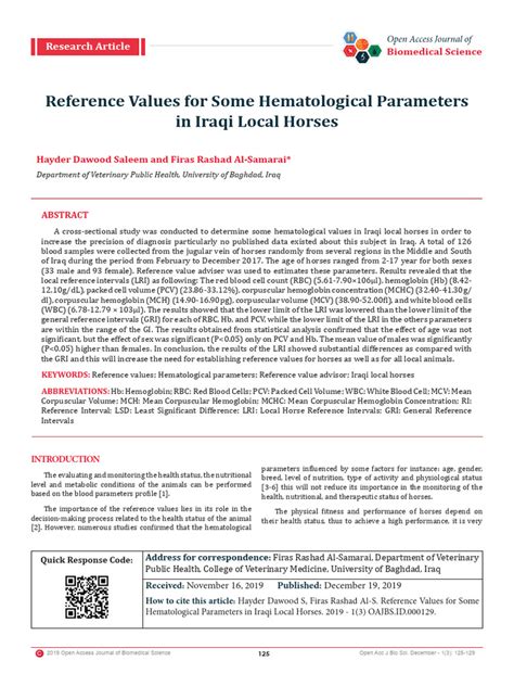 Reference Values For Some Hematological Parameters In Iraqi Local