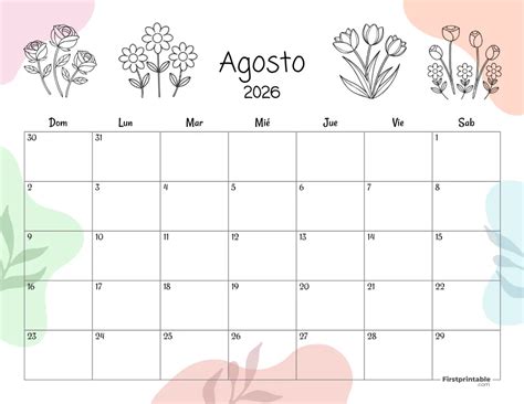 Calendario Agosto 2026 Gratis Para Imprimir Y Rellenar