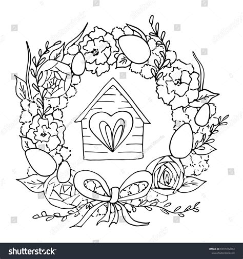 Scetch Easter Wreath Flowers Decorated Painted Stock Vector Royalty