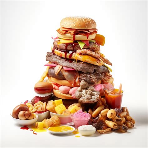 Premium Ai Image Pile Fat Diet Tasty Food On White Background
