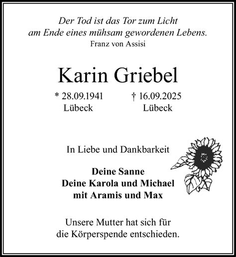 Traueranzeigen Von Karin Griebel Trauer Anzeigen De