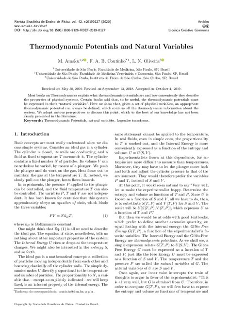 Pdf Defining Thermodynamic Potentials In Natural Variables