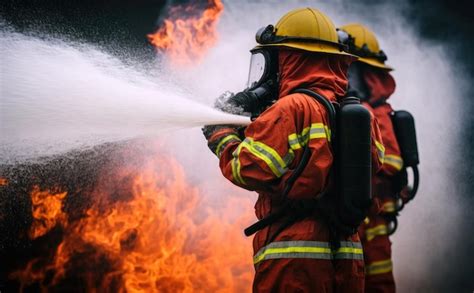 Premium Ai Image Firefighters Using Twirl Water Fog Type Fire Extinguisher To Fighting With