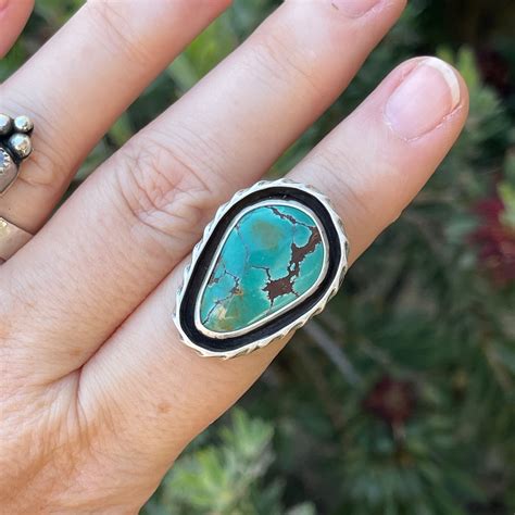 Turquoise Shadow Box Statement Ring Handmade Sterling Silver Bohemian