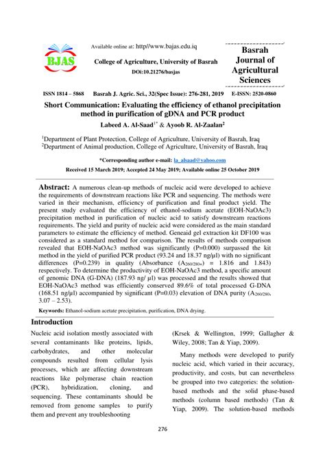 Pdf Evaluating The Efficiency Of Ethanol Precipitation Method In Purification Of Gdna And Pcr