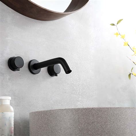 Matte Black Round Double Handle Wall Mounted Bathroom Basin Faucet