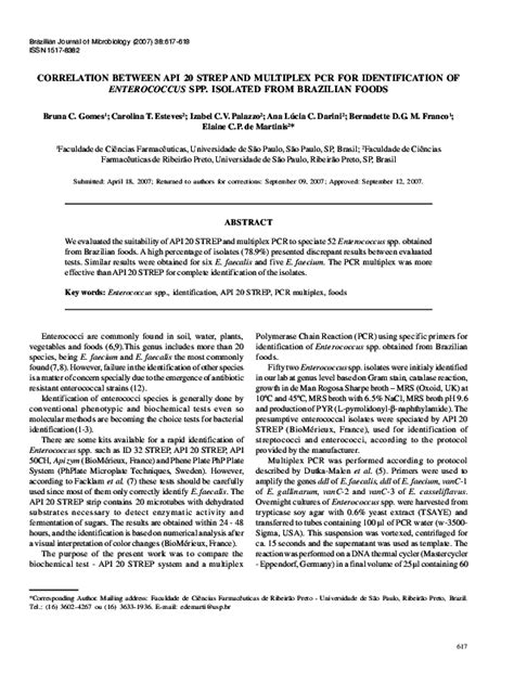 Pdf Correlação Entre Api 20 Strep E Pcr Multiplex Para Identificação De Enterococcus Spp