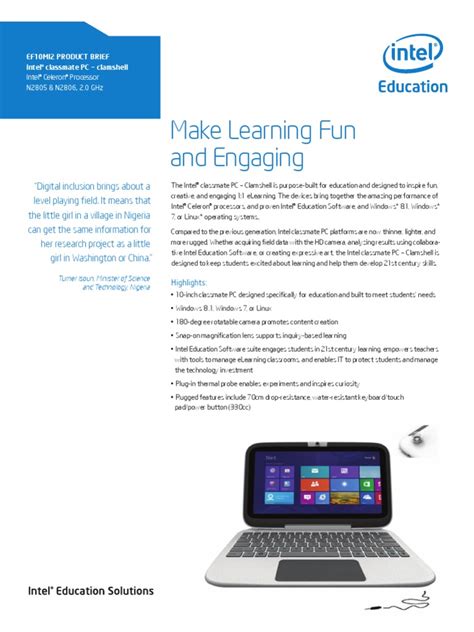 Classmate Pc Clamshell Celeron Ef10mi2 Brief Pdf Intel