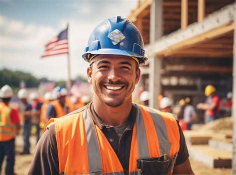 Premium Ai Image Smiling Construction Worker With American Flag On The Background Generated By Ai
